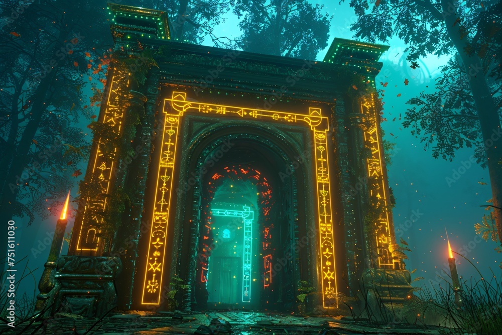 Enchanted forest safeguarding the entrance to a neon underworld where ...