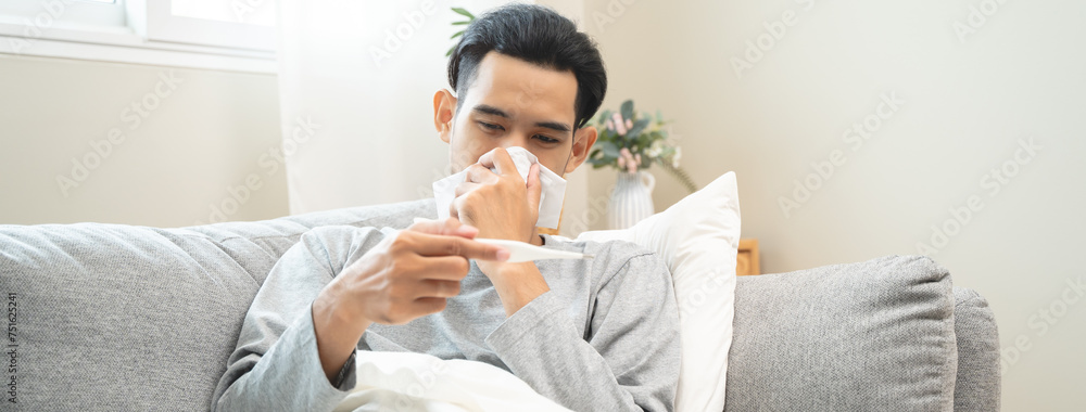 Seasonal cold sickness in people concept, Sick asian man looking at ...