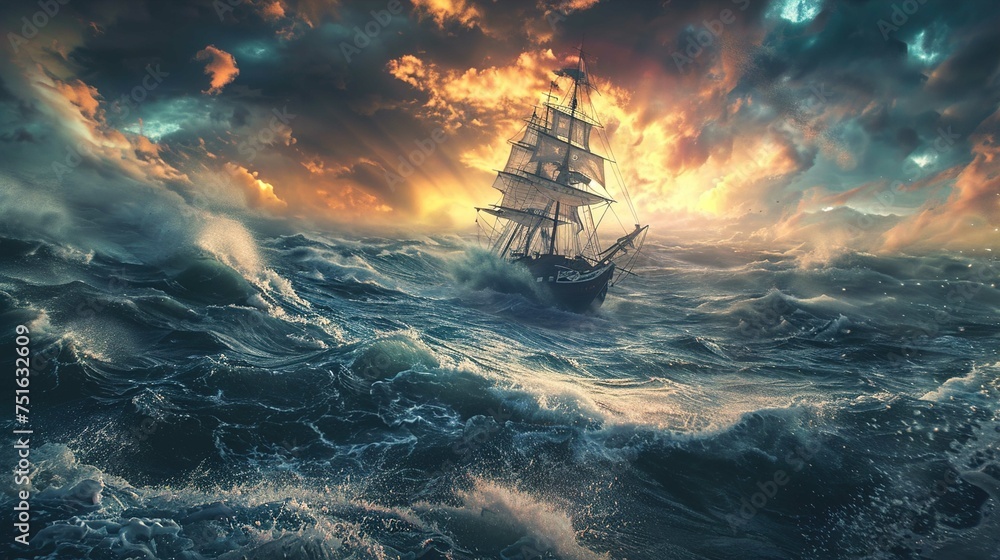 A large, multi-masted sailing ship navigates through tumultuous ocean ...