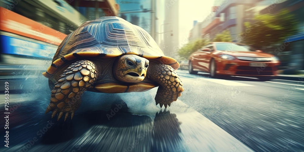 Super fast turtle running at high speed on the street between cars in ...