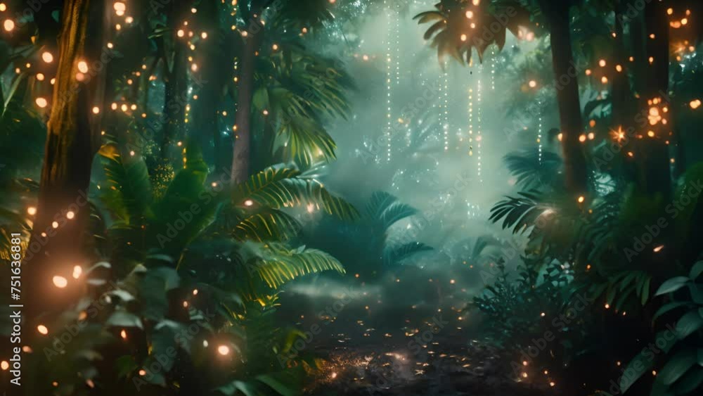 Tropical jungle by night with sparkling fireflies. Flying through ...