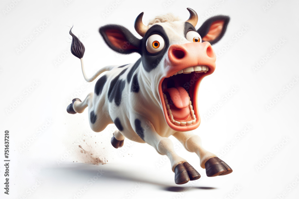 portrait of full body funny shocked cow with bulging eyes and open ...