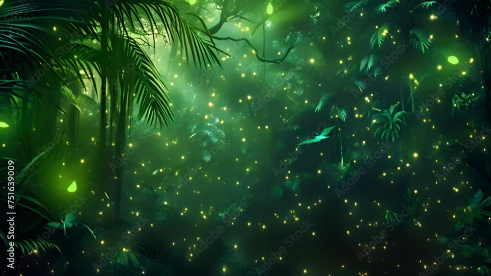 Tropical jungle by night with sparkling fireflies. Flying through ...