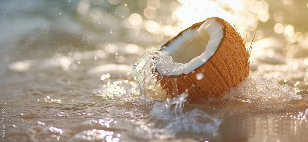 Fresh Coconut splashing in water with droplets flying around, vibrant ...
