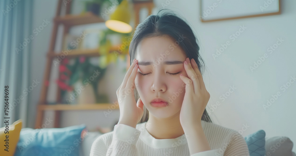 Asian young woman feels dizzy, her head hurts, she's suffering from ...