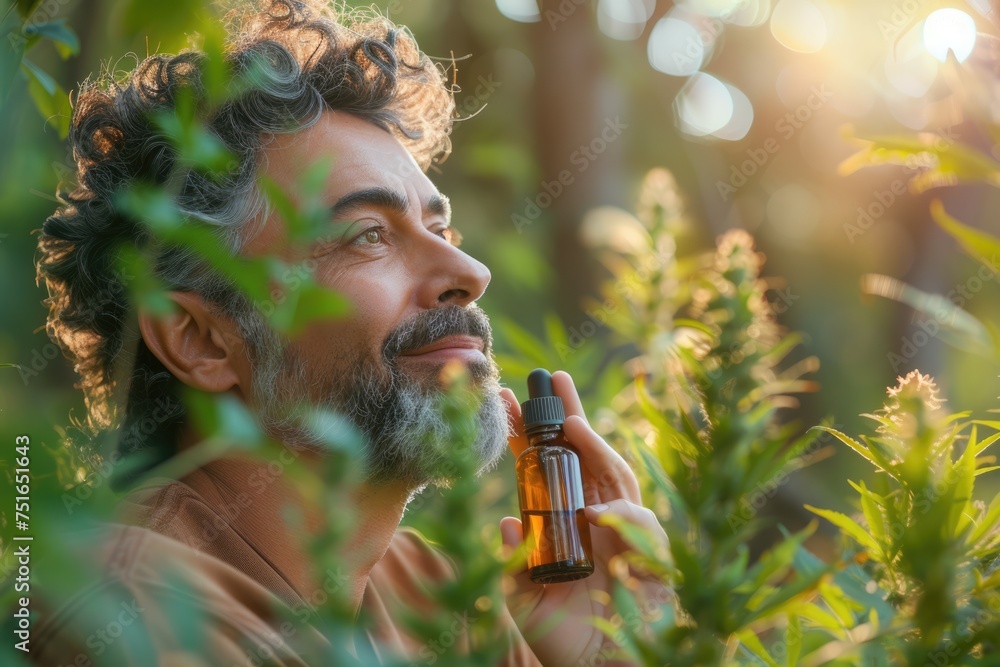 Calm happy man relaxed and holding CBD or CBN oil bottle, surrounded by ...