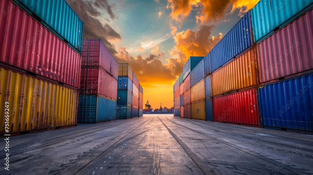 Stacked cargo containers in the storage area of freight sea port ...