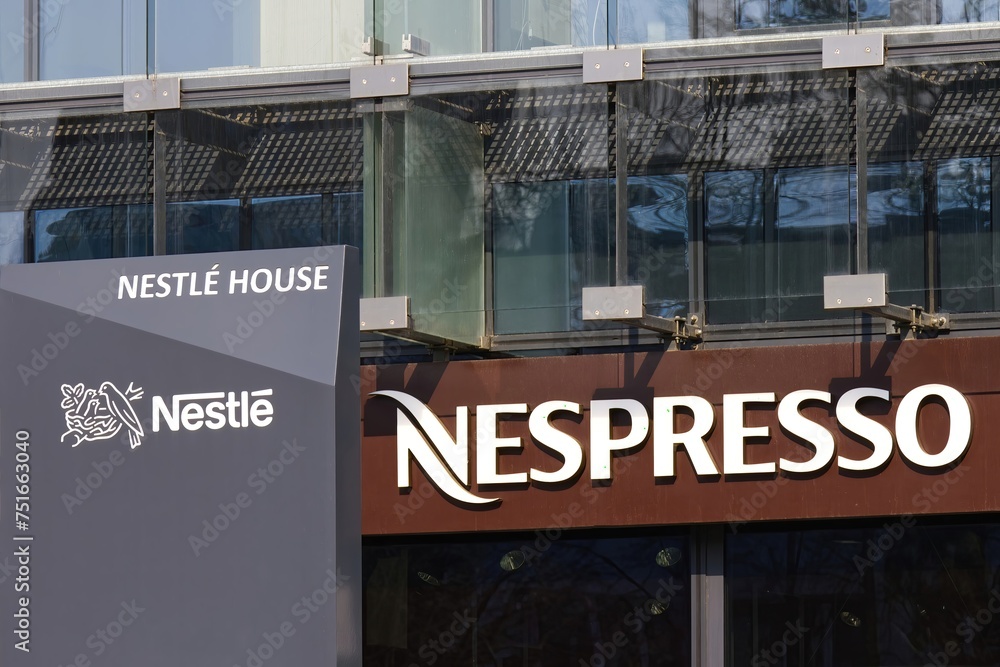 Close-up of Nestle and Nespresso logo sign at their office, Nespresso ...