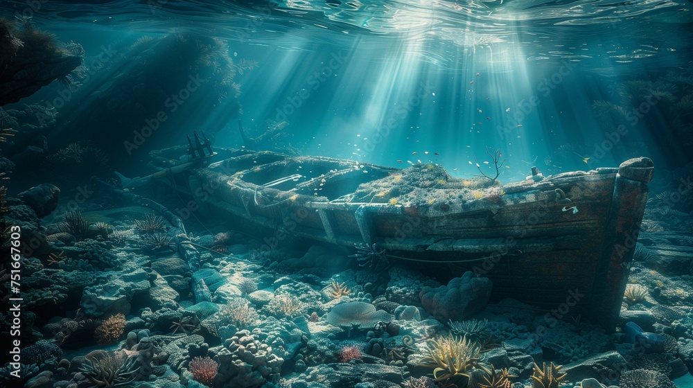 An ancient, sunken ship resting on the ocean floor, surrounded by a ...