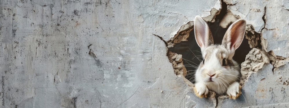 Cute rabbit. Easter bunny poster peeking out of a hole in the wall with ...