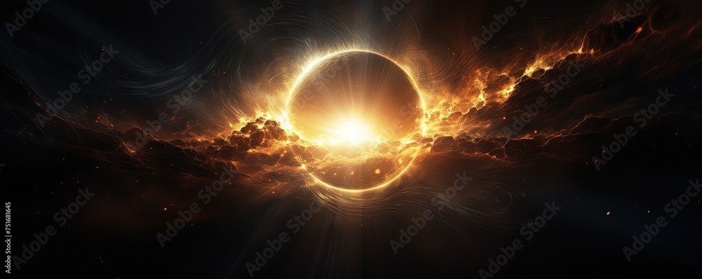 Abstract planet eclipse in space. Alien worlds with glowing lens flares ...