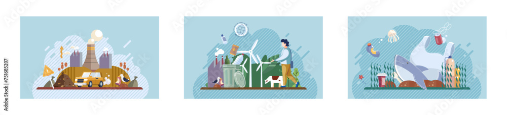 Waste pollution. Vector illustration. Climate change is exacerbated by ...