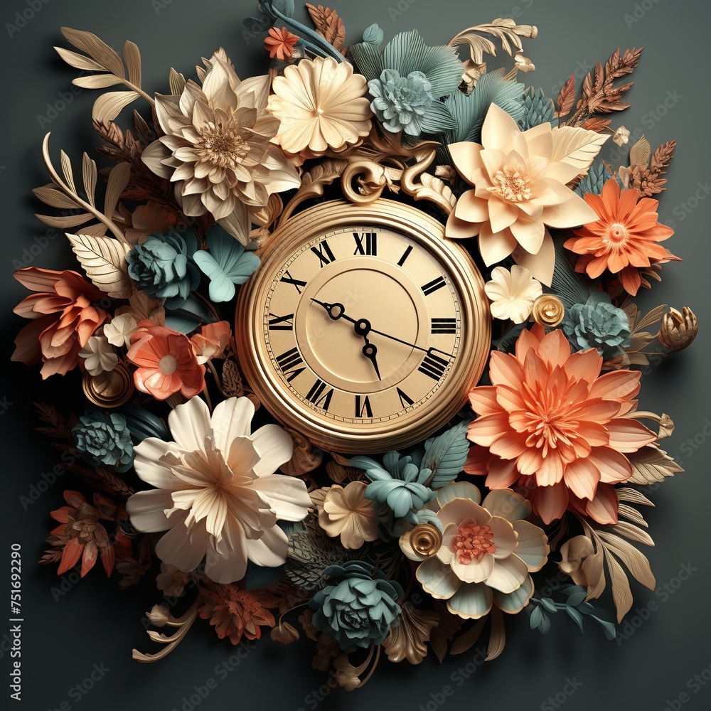 portrait of an antique wall clock with flower and leaf ornaments in ...