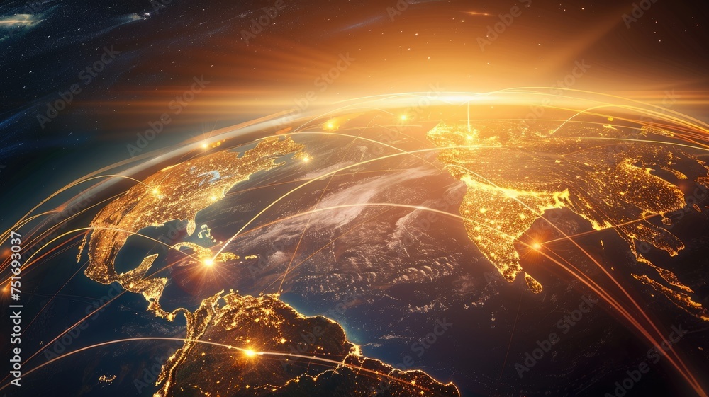 Glowing global network over earth at night - Illuminated network lines trace connections over ...