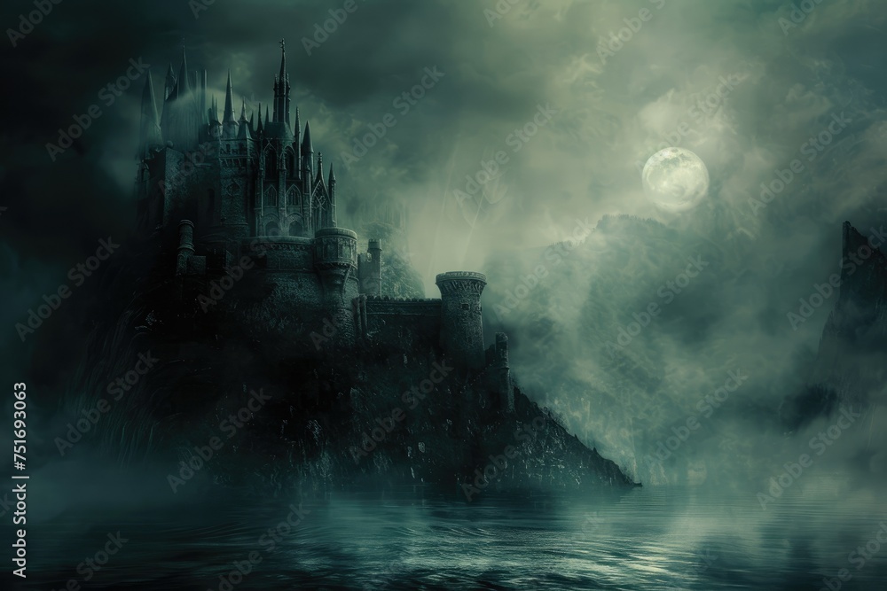 Gothic castle shrouded in mist under a full moon - A fantasy-inspired ...