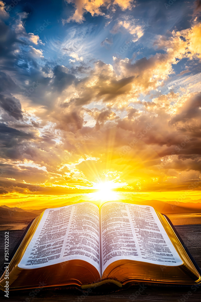 An open bible with radiant sunlight streaming from the pages against a ...