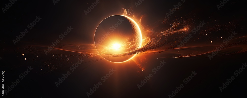 Abstract planet eclipse in space. Alien worlds with glowing lens flares ...