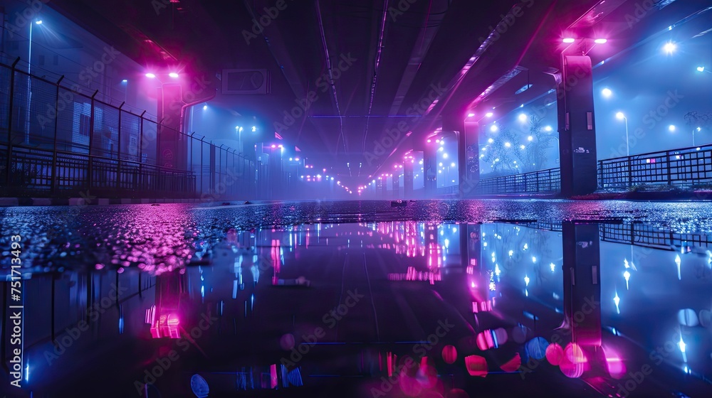 Neon lit studio, dark scene with blue and purple lights reflecting off ...