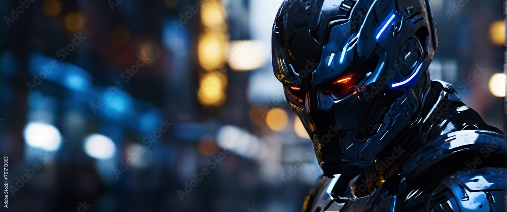 The 3D A cyborg soldier is formed by blue Light. In the background in ...
