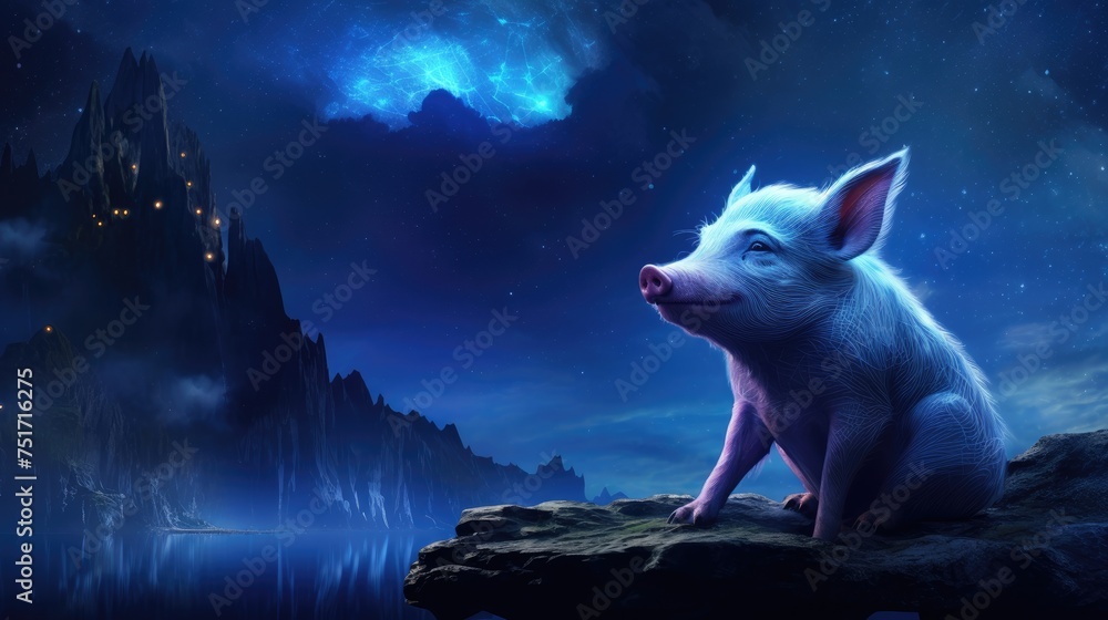 Pig against cosmic background with space, stars, nebulae, vibrant ...