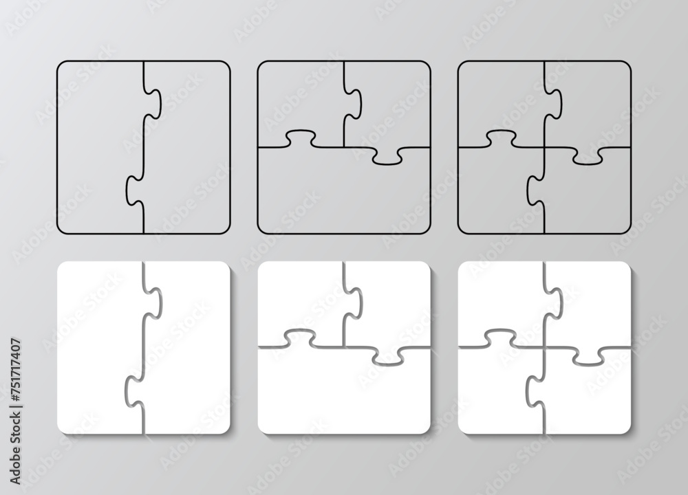 Jigsaw square grids set. Puzzle pieces filled and outline. Scheme for ...