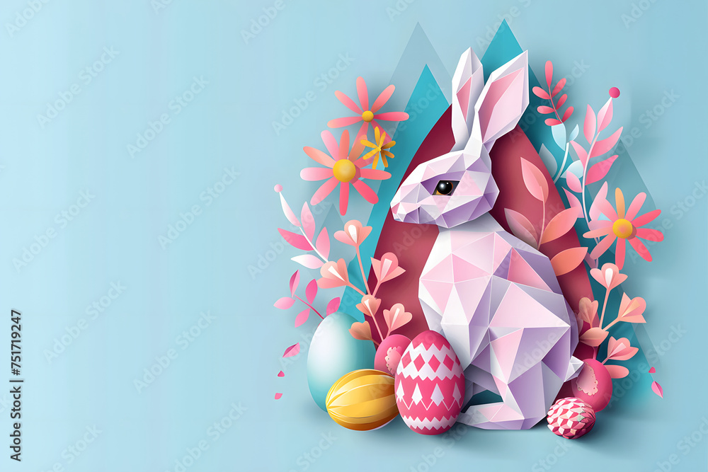 Happy Easter card in papercraft style, 3D background made of cut paper ...
