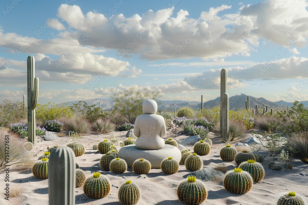 3D render of a minimalist Zen statue surrounded by a circle of cacti ...