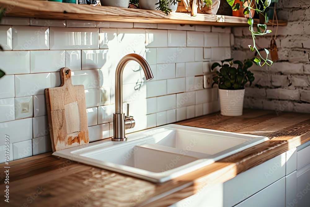 Contemporary kitchen with stylish faucet white cabinets wooden counter ...