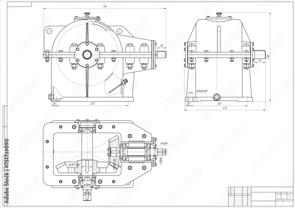Assembly drawing of reducer. Vector drawing of steel mechanical device ...