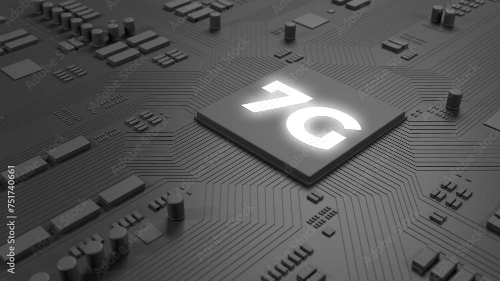 7G chip. Dark gray chip on circuit board. Technology background. 7g ...