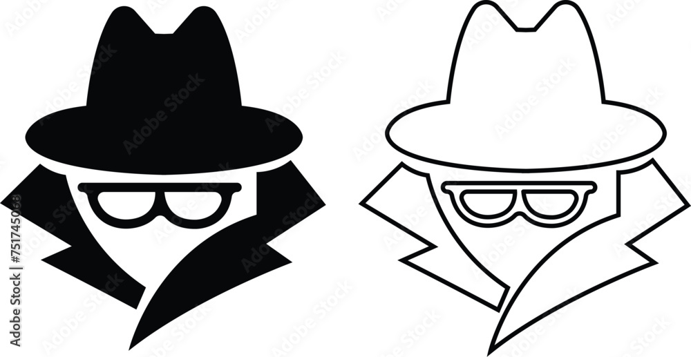 Incognito icon set with hat and eyeglasses. Spy agent black vector flat ...