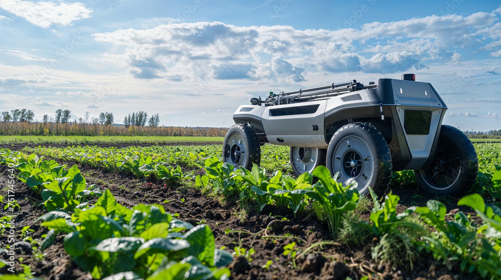 High-tech farming as an autonomous robot navigates between rows of ...