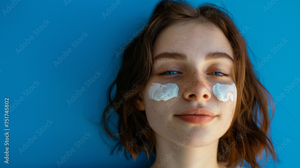 Cute young girl with white beauty cream on both left and right cheeks ...