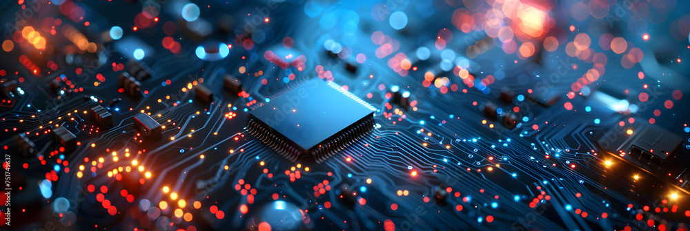 World of everything semiconductors. dark blue background, wide angle ...