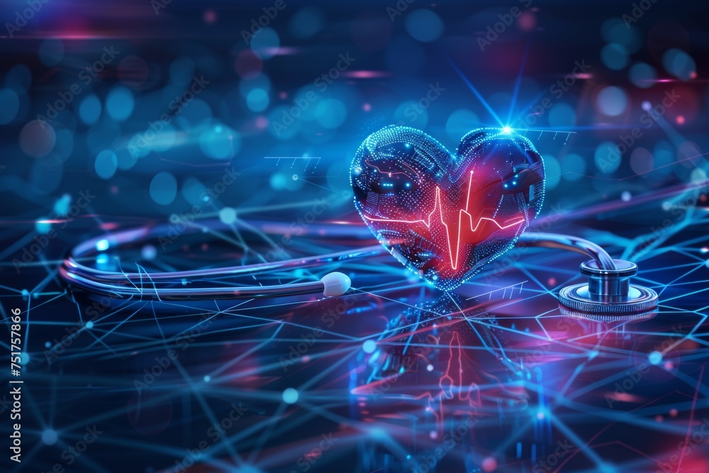 Red heart with pulse line on blue background. Heart pulse, heartbeat ...