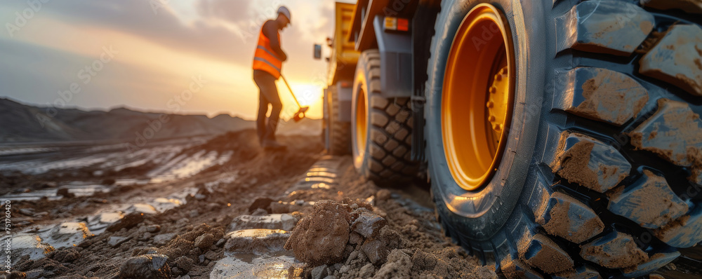 Man tries to get stuck bulldozer out of soil with shovel. Man works ...