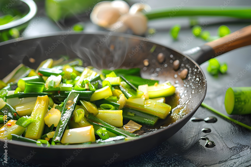 Sweet Garleek kimchi on gray pan. Hybrid garlic and spring onions ...