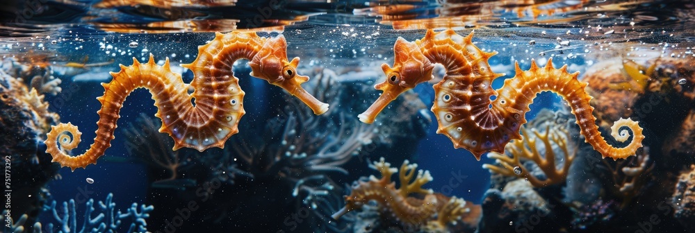 Seahorse pair bonding in a marine setting - Ethereal image of seahorse ...