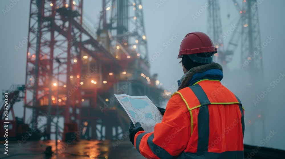 An offshore oil rig worker in a red helmet and high visibility jacket ...