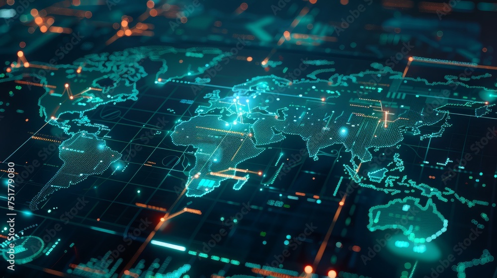 High-tech digital world map with glowing connections and data points ...