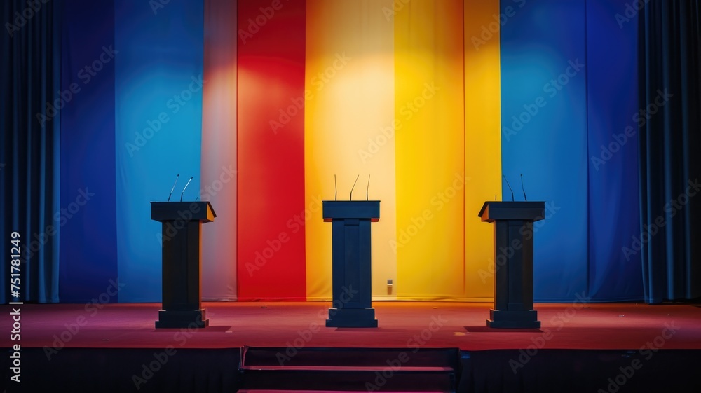 Moldova flag symbolic representation of a debate stage with two podiums ...
