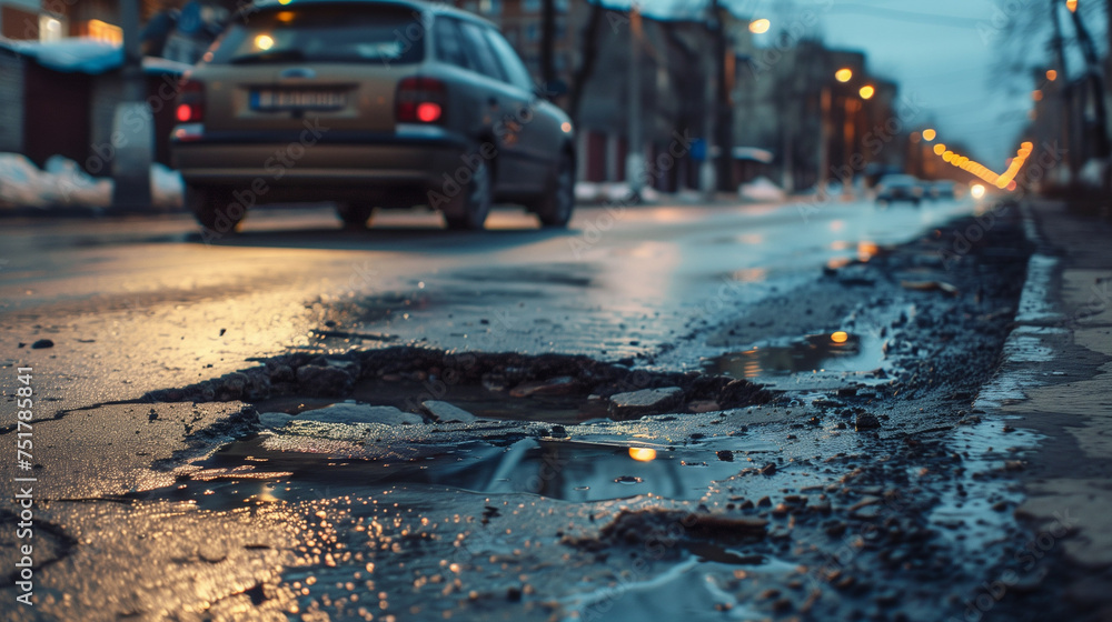 Poor Quality Road and Potholes After the Winter. Road Hazards and Urban ...