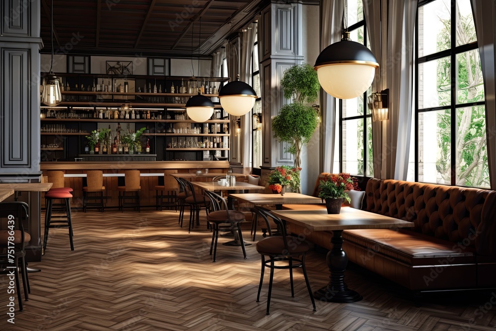 Vintage Console Tables in Modern Cafe Interior with Retro Lighting ...