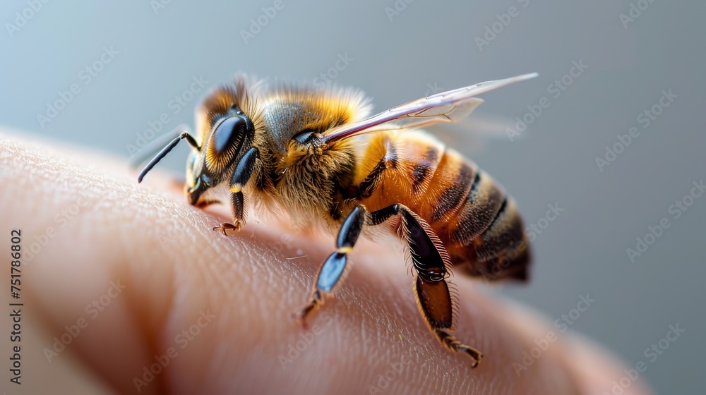 Closeup Picture of a bee stinging an arm. Isolated, space for copy ...