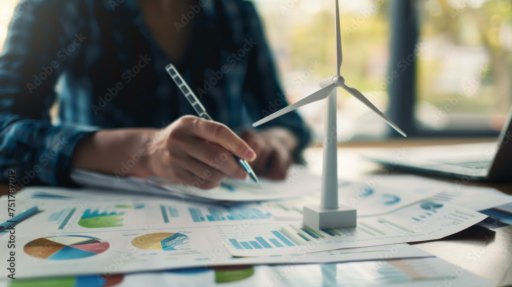 person analyzing sustainability data, with a small model wind turbine ...