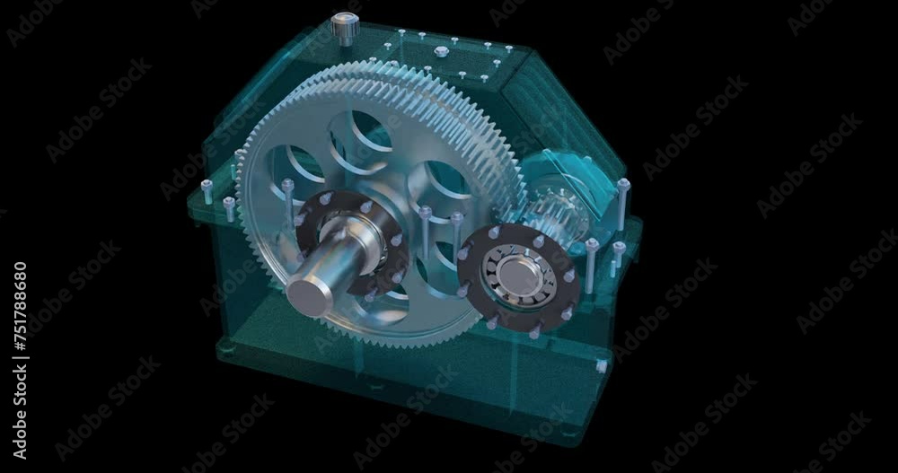working Gearbox Assembly with transparent housing shows a gear ...