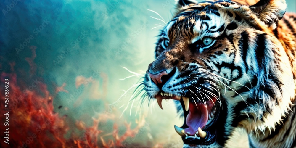 snarling tiger with its mouth open, revealing sharp teeth. The tiger has blue eyes and is shown ...