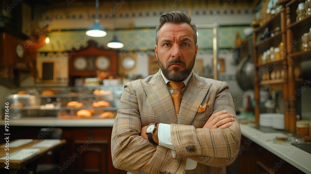 The man, dressed to the nines in a luxurious suit, stands confidently ...