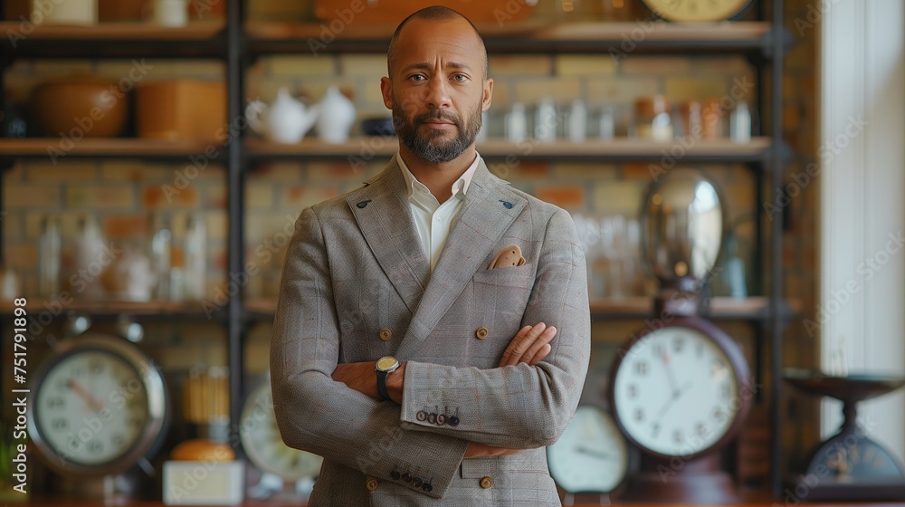 The man, dressed to the nines in a luxurious suit, stands confidently ...