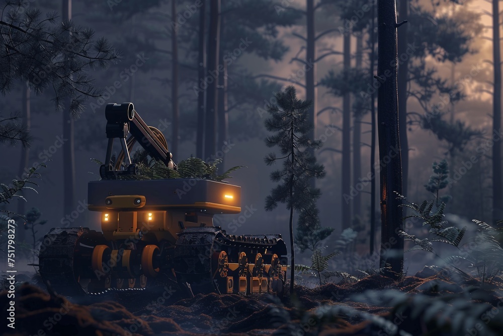 3D render of a robotic tree planting unit at work in a dark forest ...